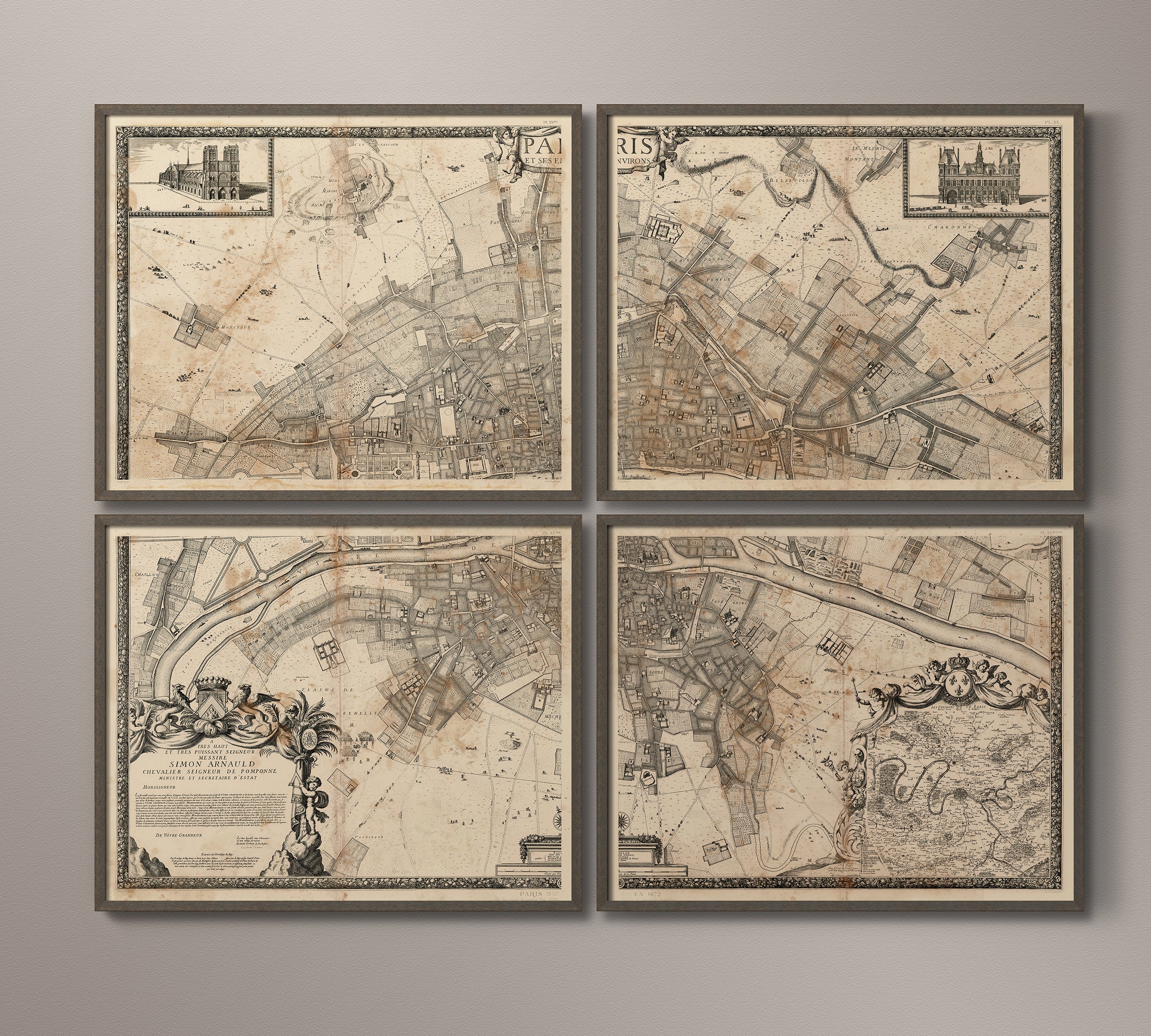 1672 Plan de Paris Four-Panel Map – Art Circa