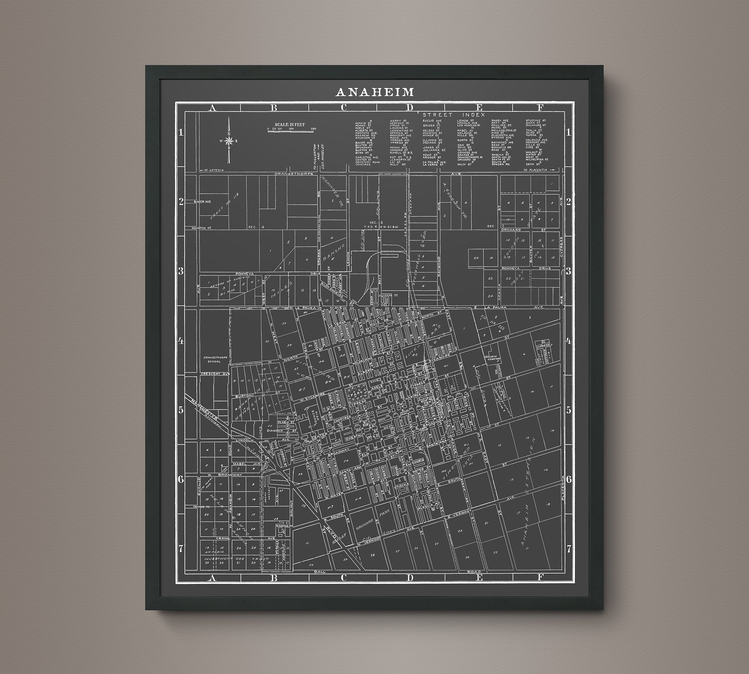 1930s Monochromatic Map of Anaheim – Art Circa