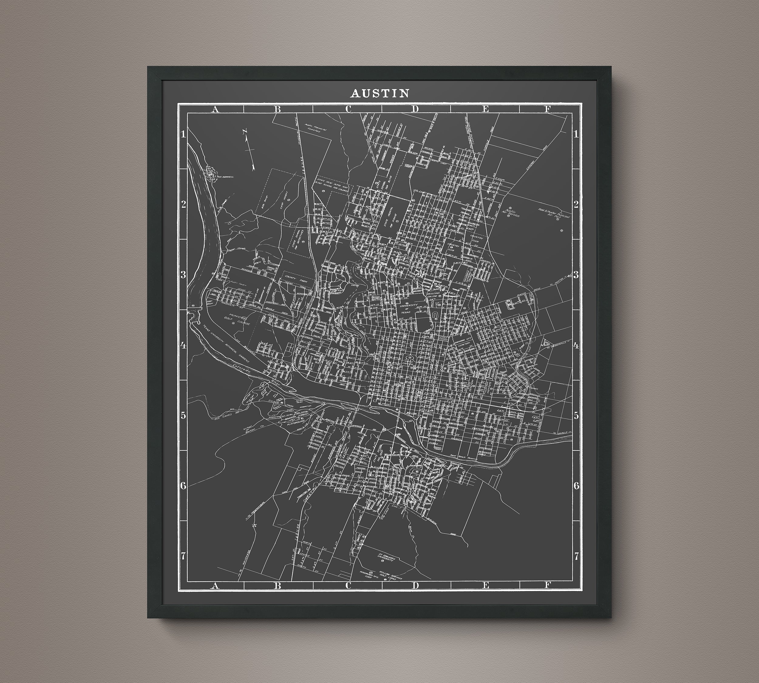 1930s Monochromatic Map of Austin – Art Circa