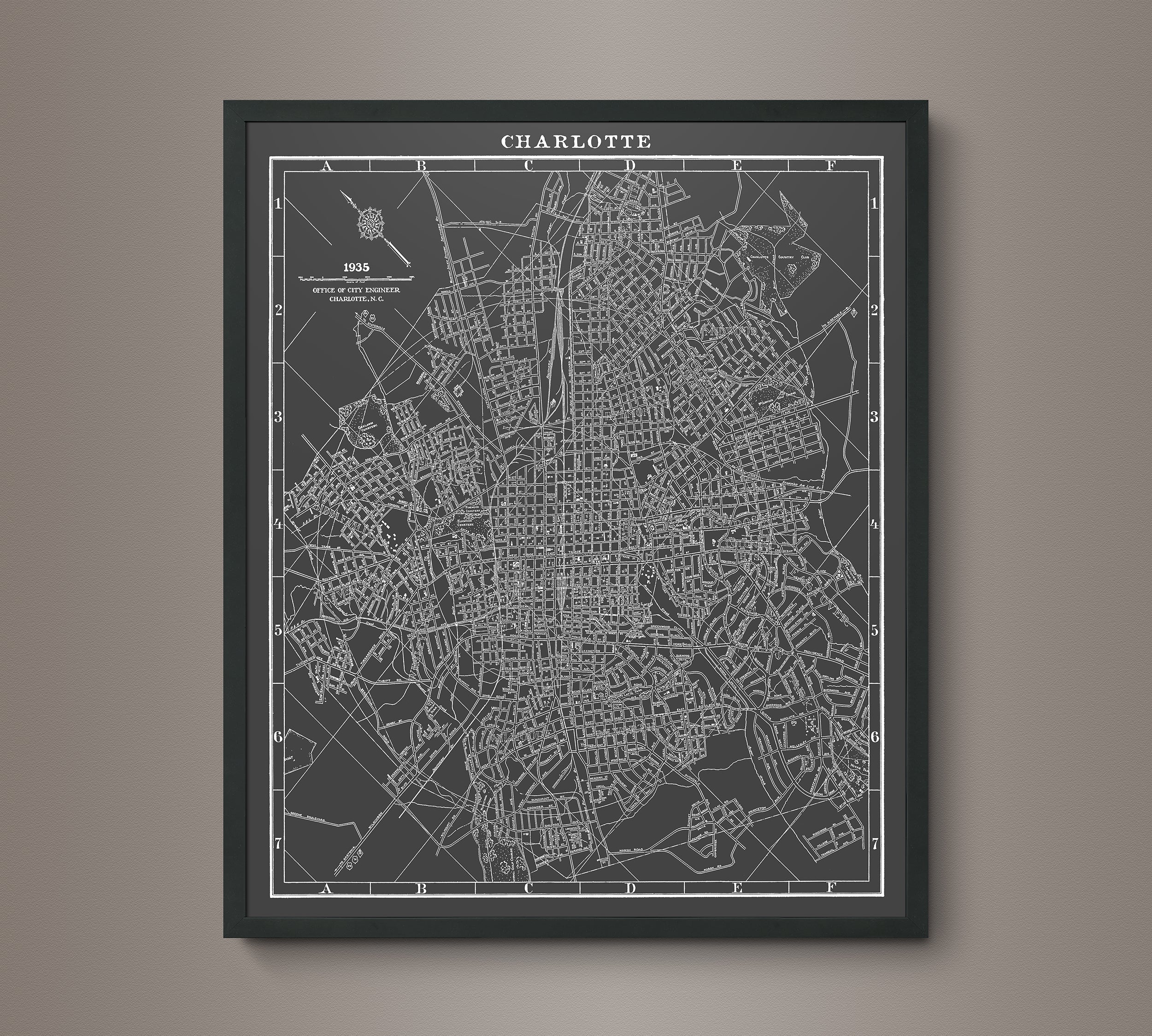 1935 Monochromatic Map of Charlotte – Art Circa