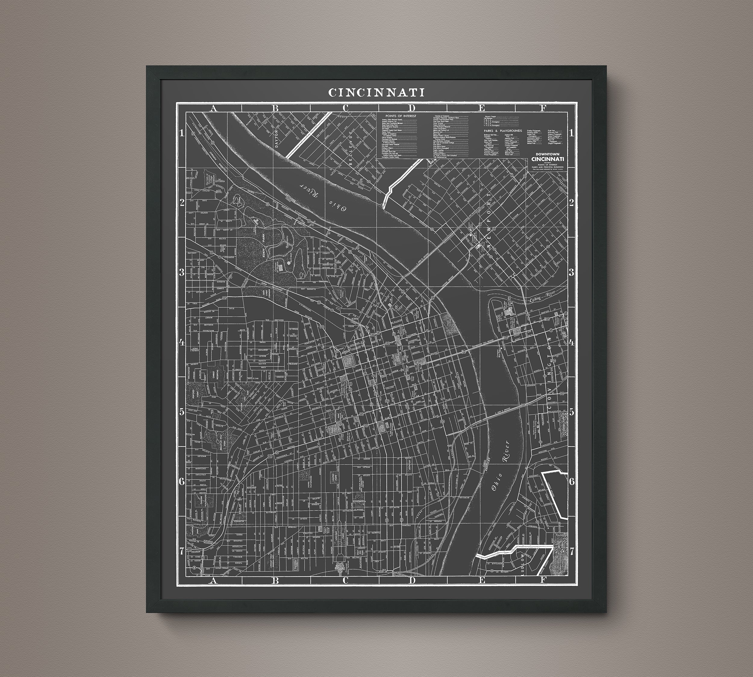 1950s Monochromatic Map of Cincinnati – Art Circa
