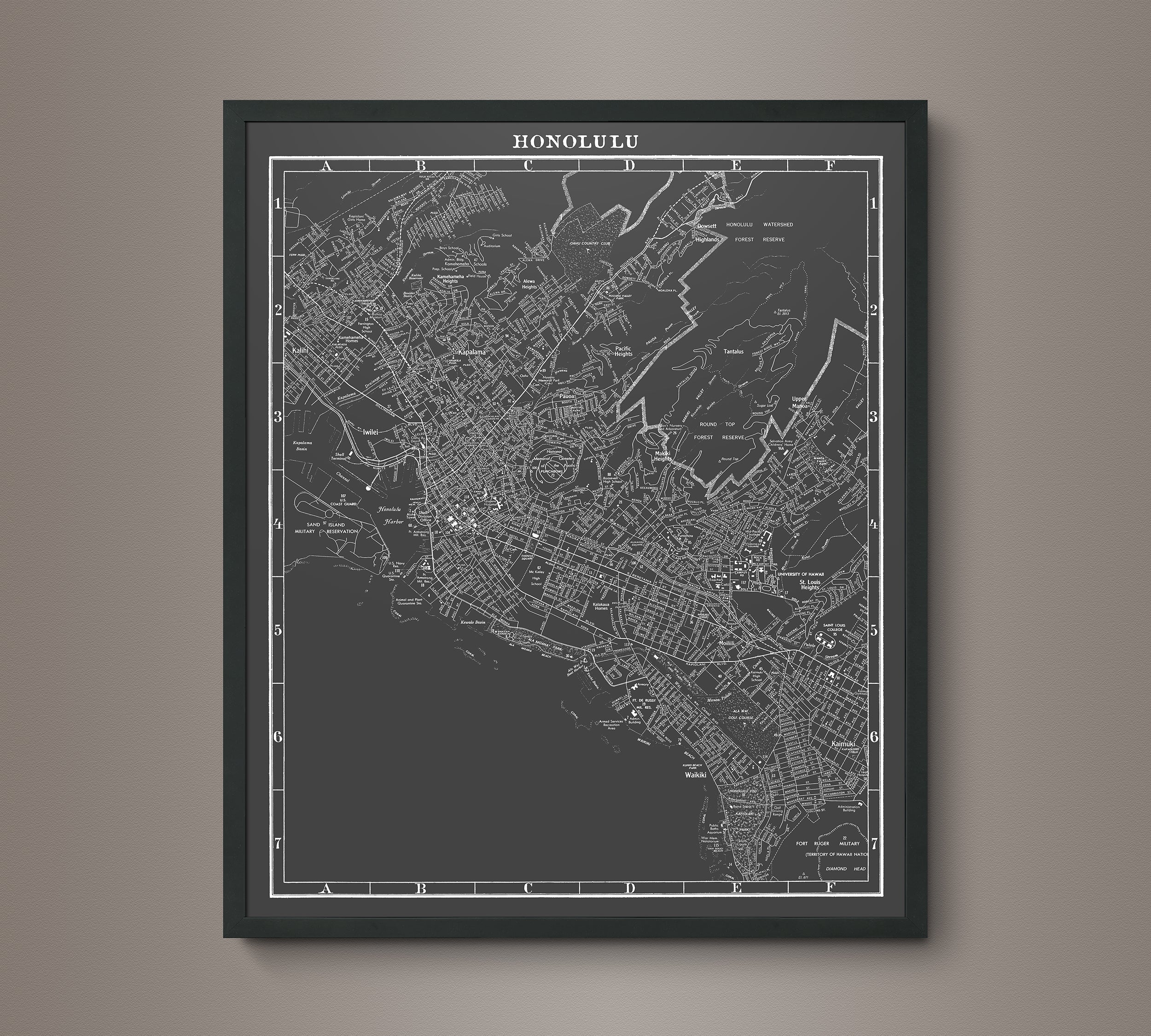 1950s Monochromatic Map of Honolulu – Art Circa