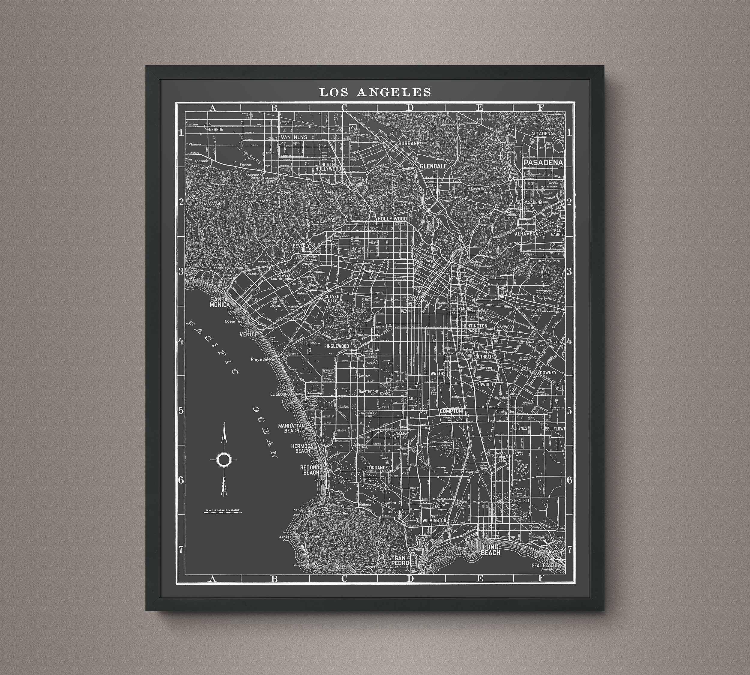 1930s Monochromatic Map of Los Angeles – Art Circa