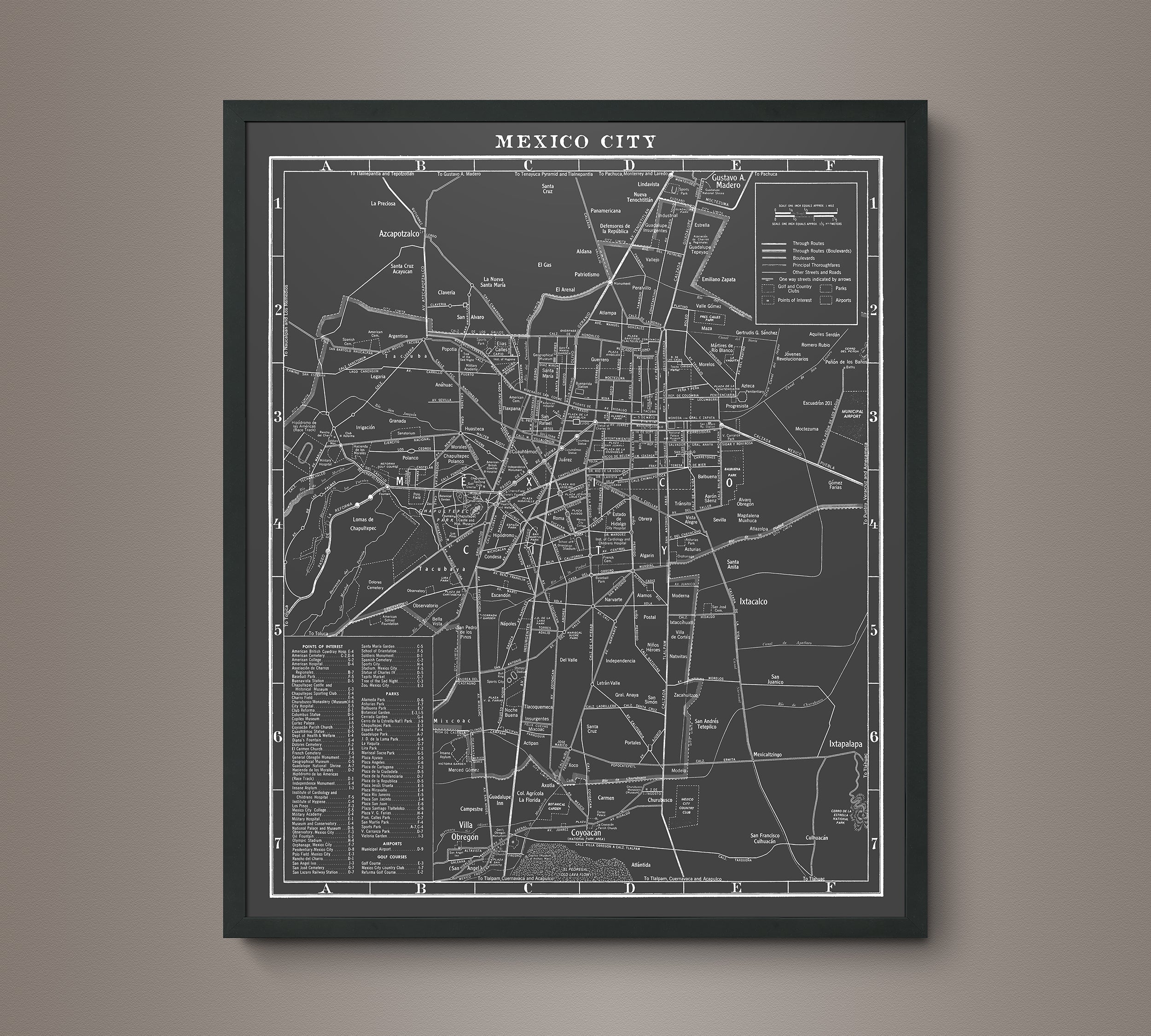 1950s Monochromatic Map of Mexico City – Art Circa