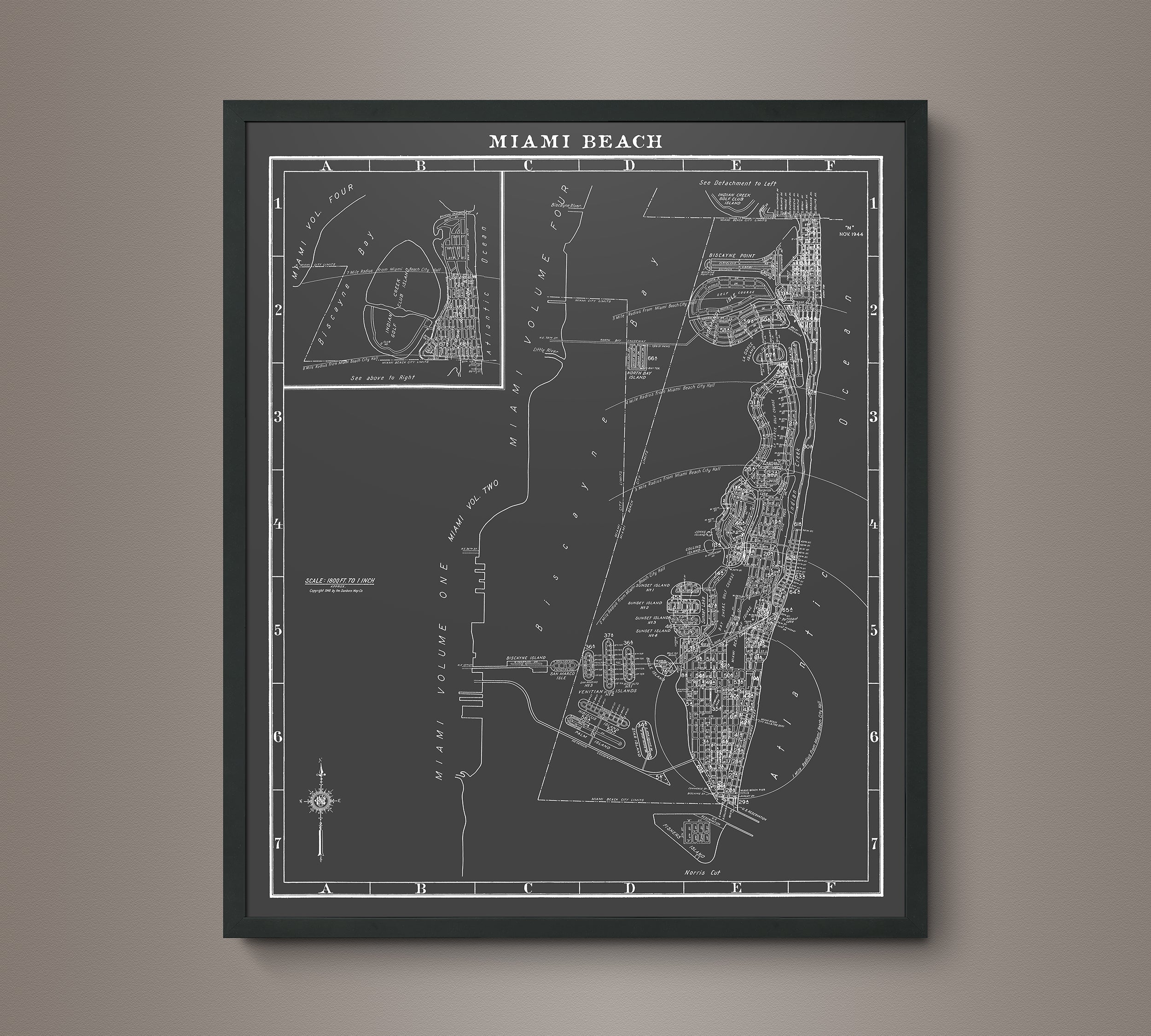 1940s Monochromatic Map of Miami Beach – Art Circa