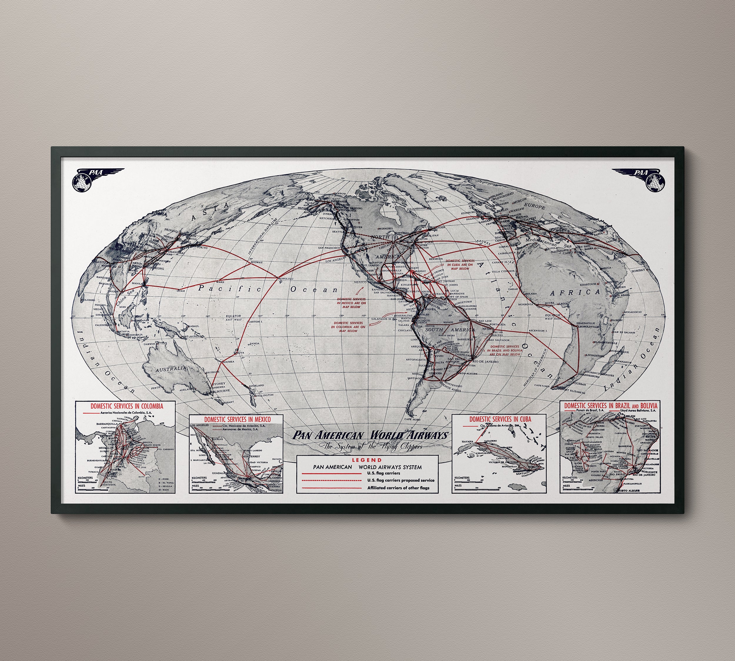 Pan America World Map Travel Map - 1940s – Art Circa