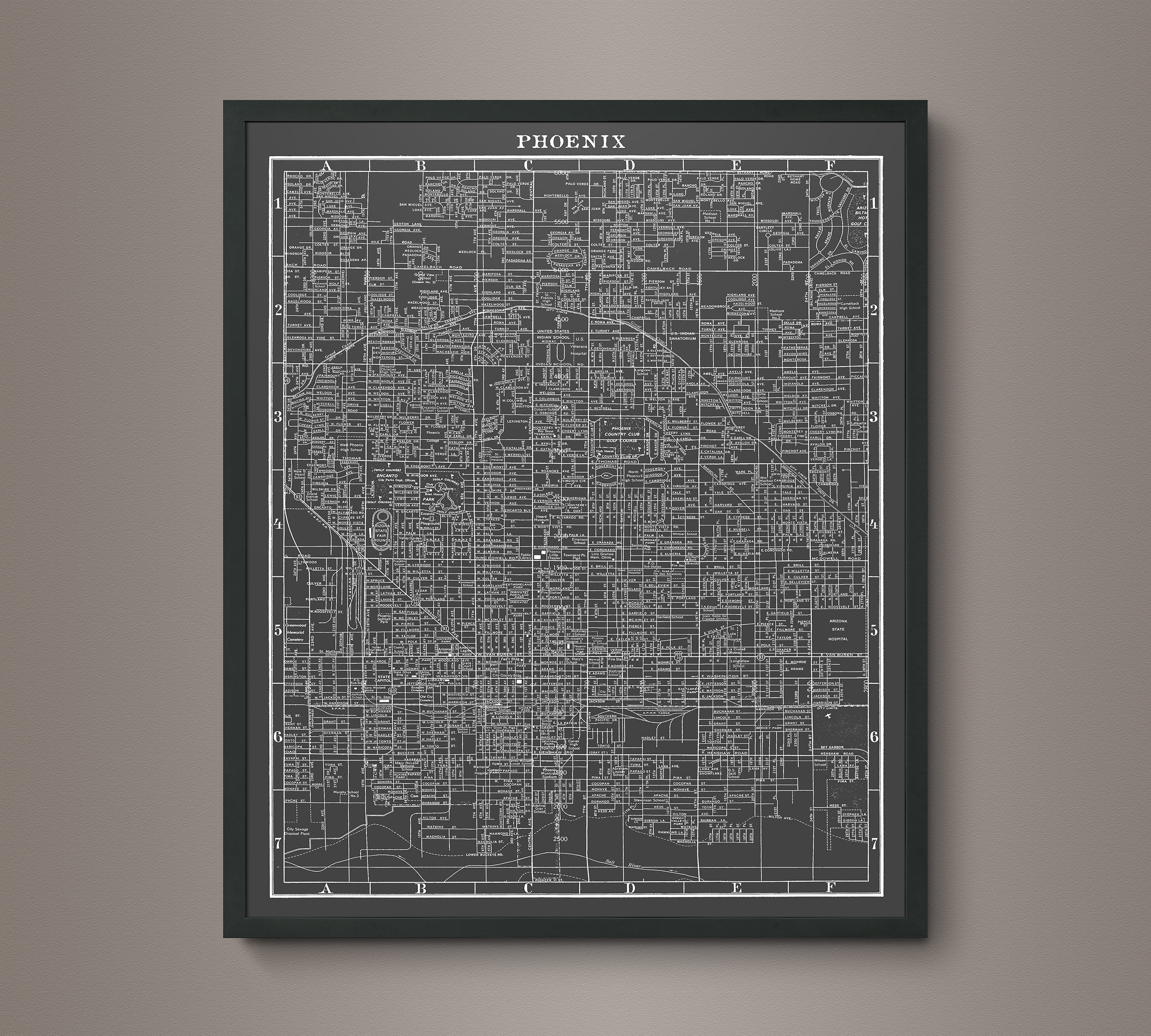 1950s Monochromatic Map of Phoenix – Art Circa