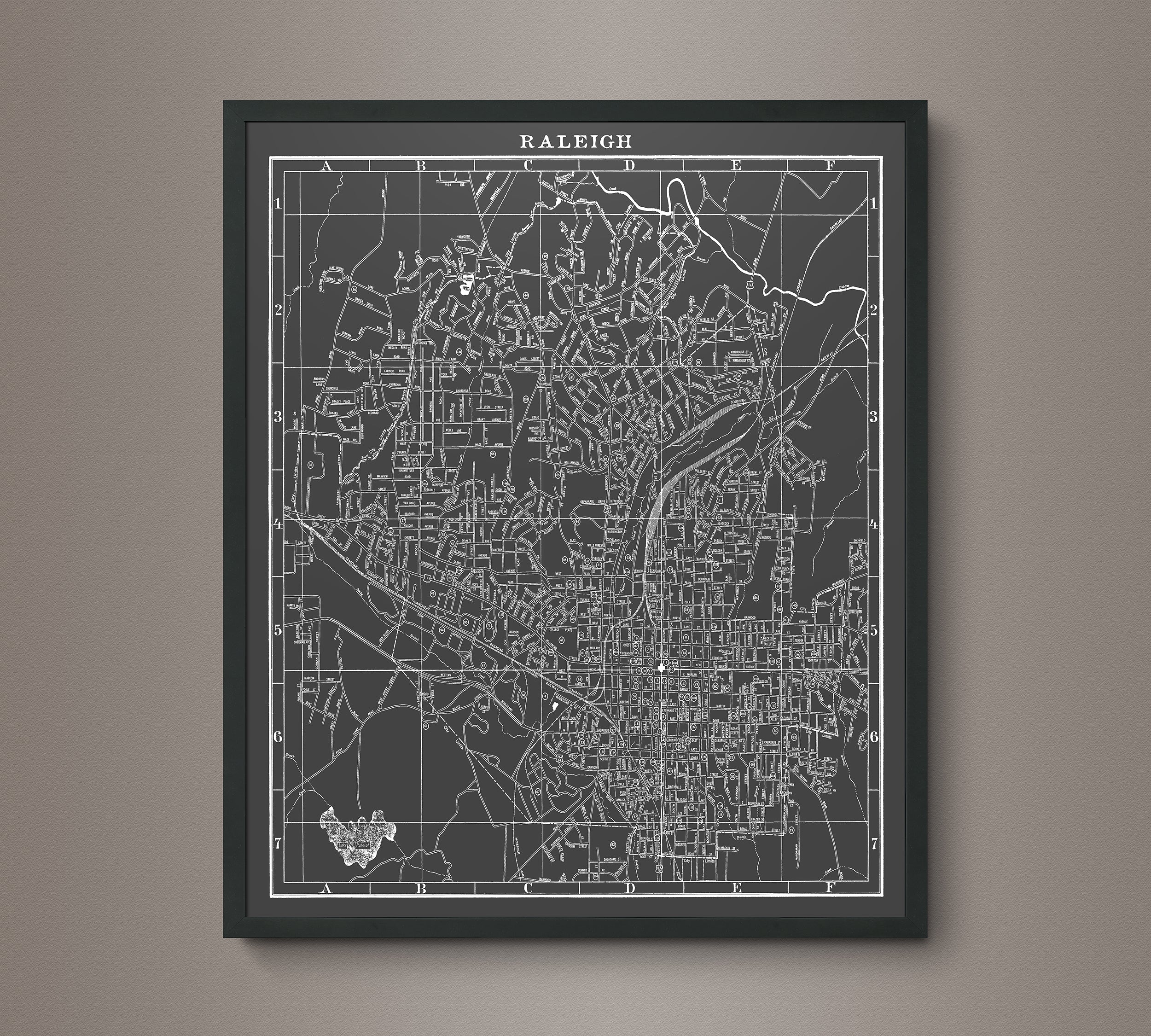 1950s Monochromatic Map of Raleigh – Art Circa