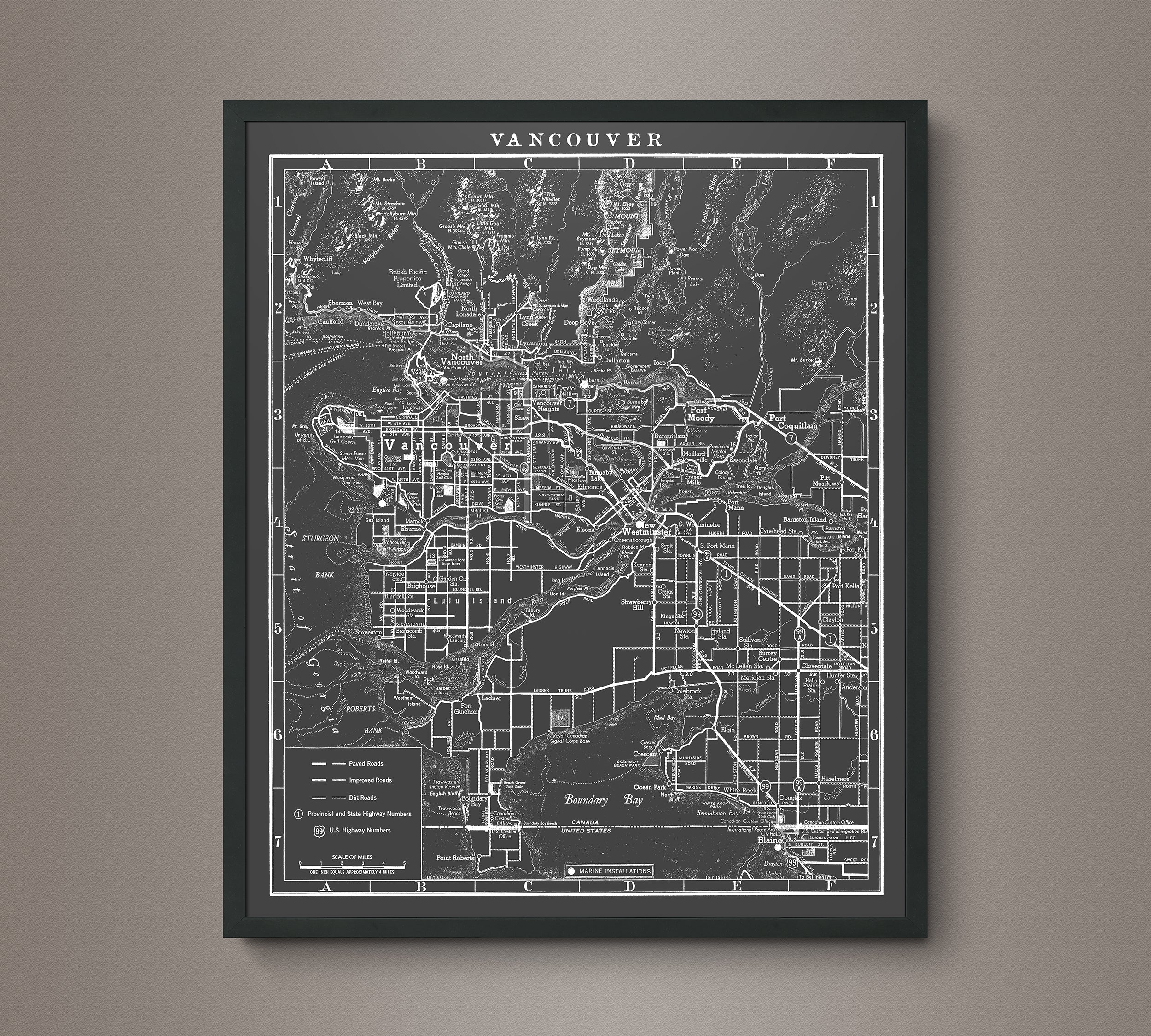 1950s Monochromatic Map of Vancouver – Art Circa